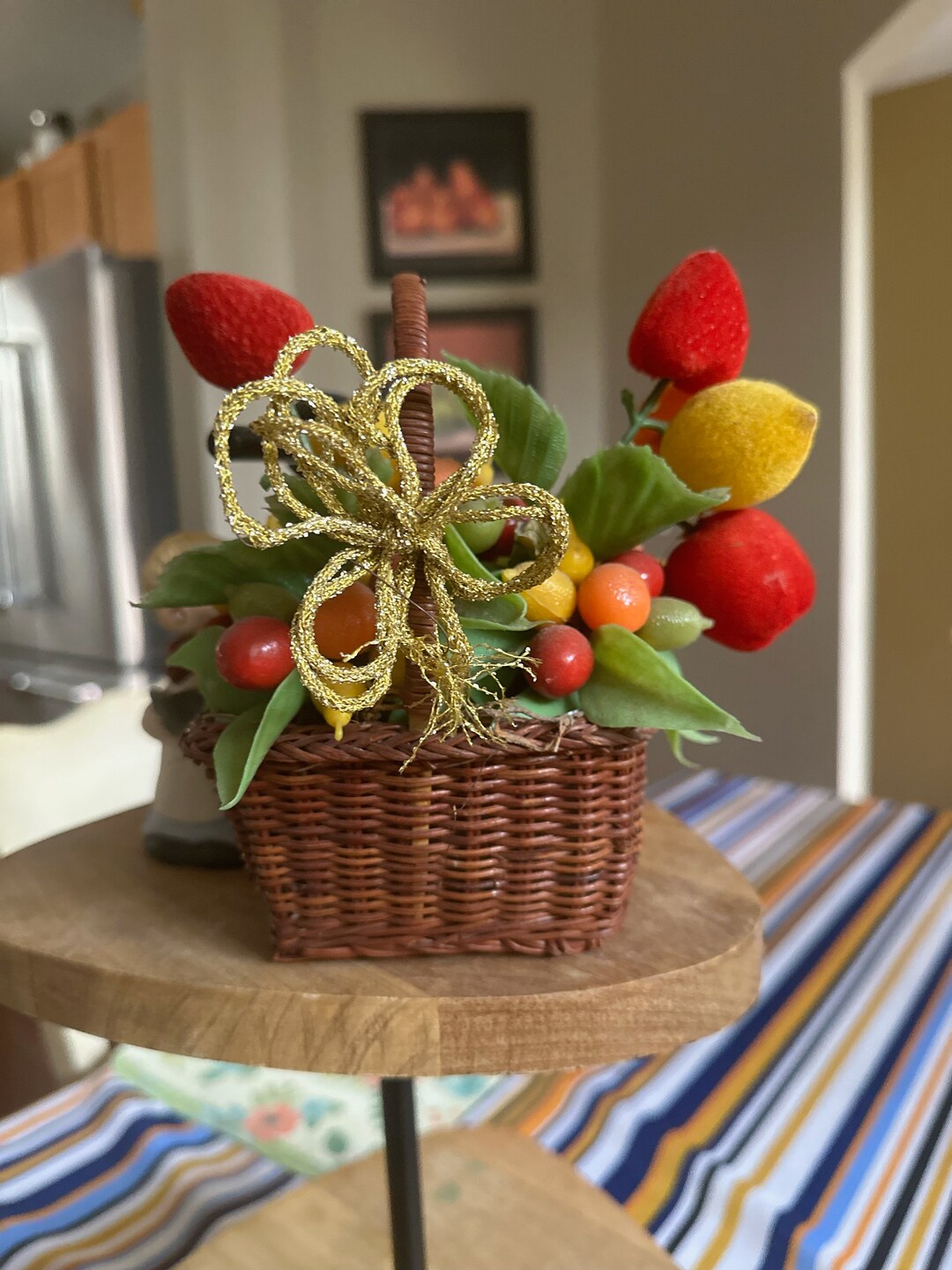 Small Basket Mini Centerpiece With Flocked and Plastic Fruit Vintage - Etsy