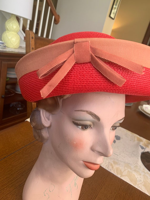 Vintage hat faux straw bowler red union made size 22 - Gem
