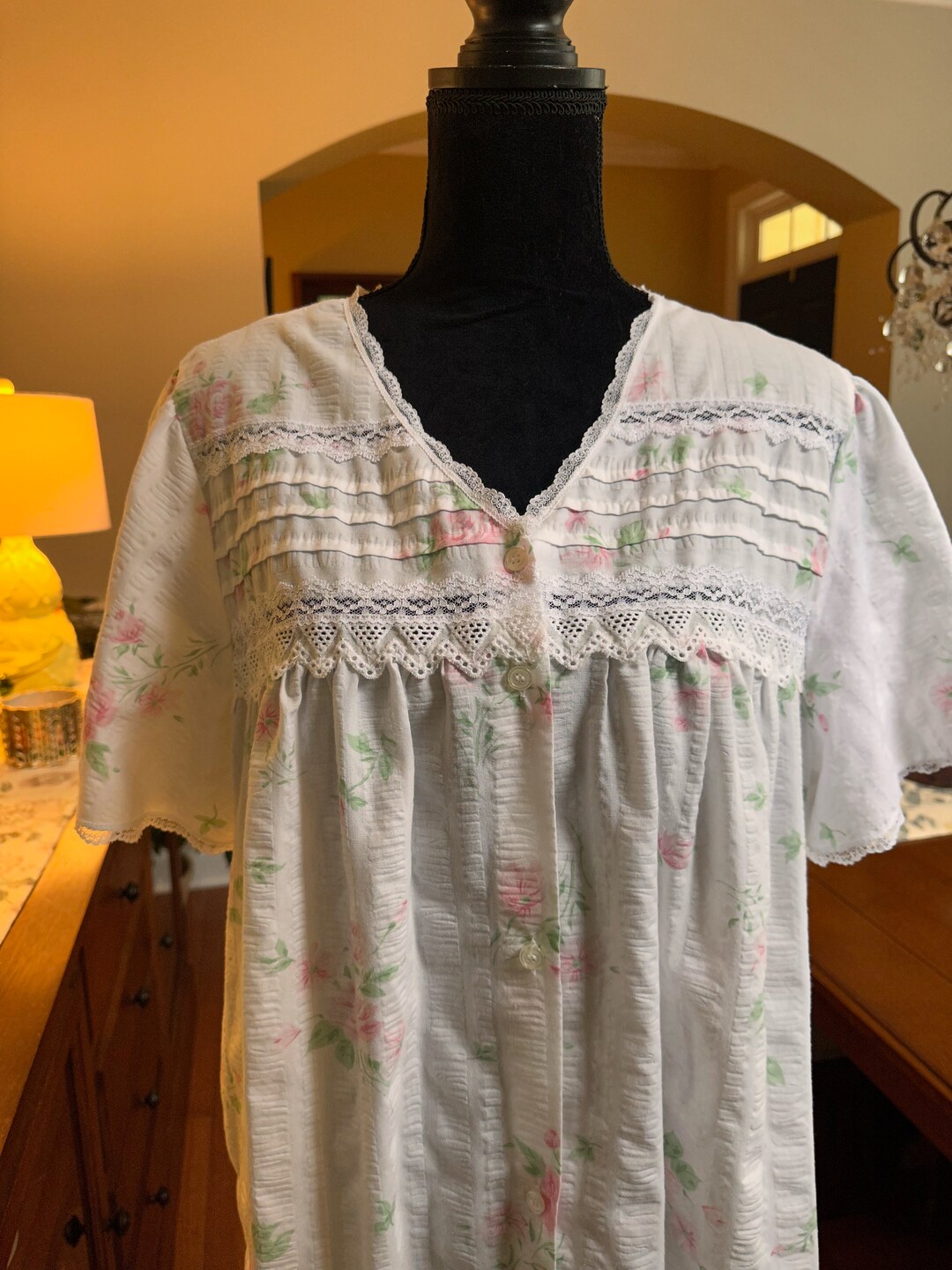 Button Front Short Sleeve House Dress Nightgown Robe Roses Lace Trim ...