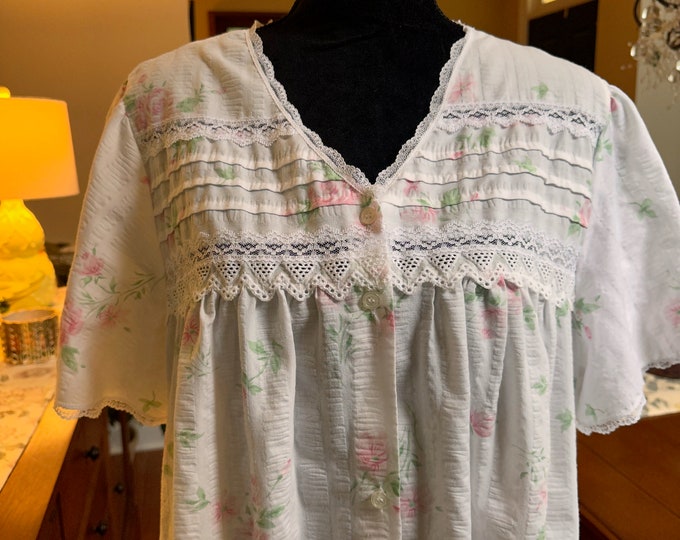 Button Front Short Sleeve House Dress Nightgown Robe Roses Lace Trim ...
