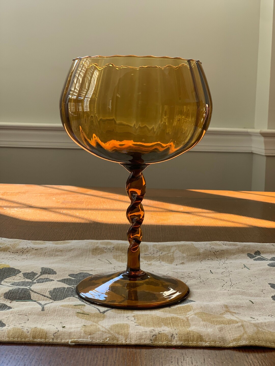 Empoli Italy Optic Glass Amber Twisted Pedestal Ribbon Stem Vase ...
