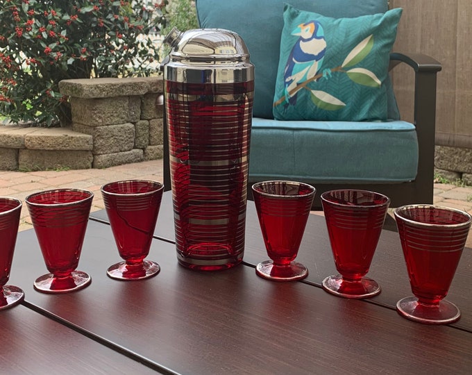 Vintage Ruby Red Chrome Cocktail Martini Shaker Set With 6 Cordial ...