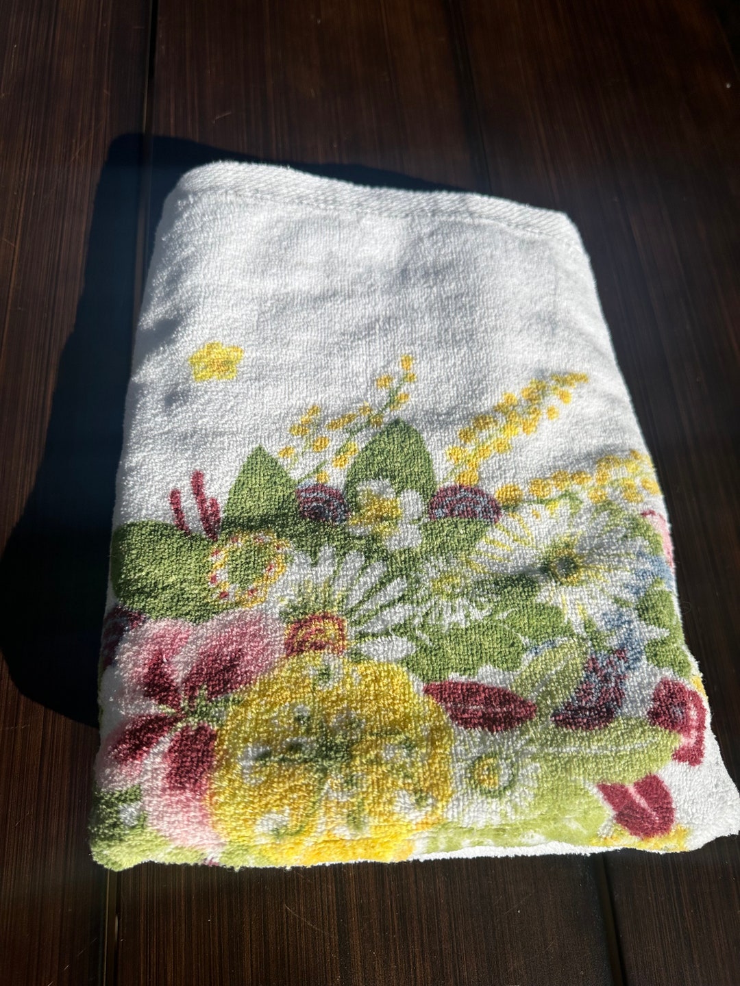 White Floral Print With Butterflies Bath Towel Vintage Springmaid ...