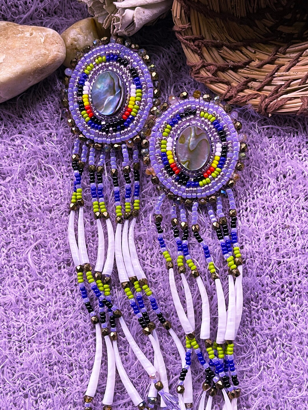 Native Made Abalone Shell Earrings With Glass Seed Beads and Denitalium ...