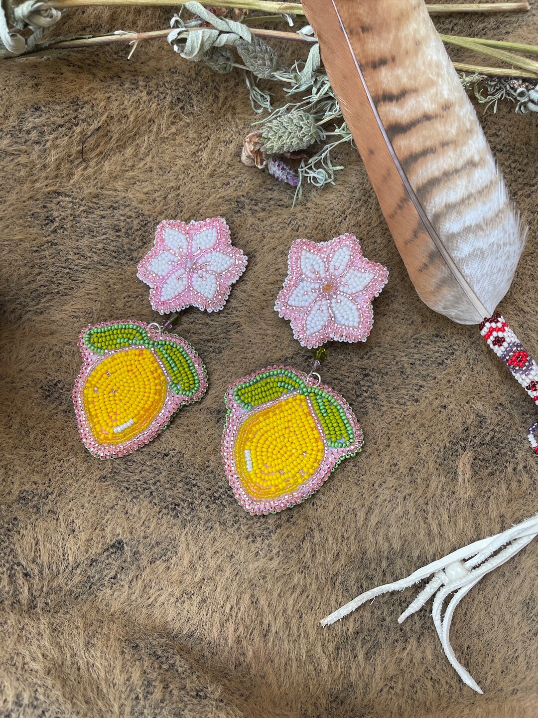Indigenous Native Made With Glass Seed Beads Had Woven Leather Lemon ...