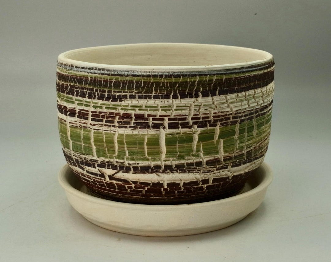 Mixed Earth Planter and Plate, Approx 5.5x4.5, Indoor Ceramic Plant Pot ...