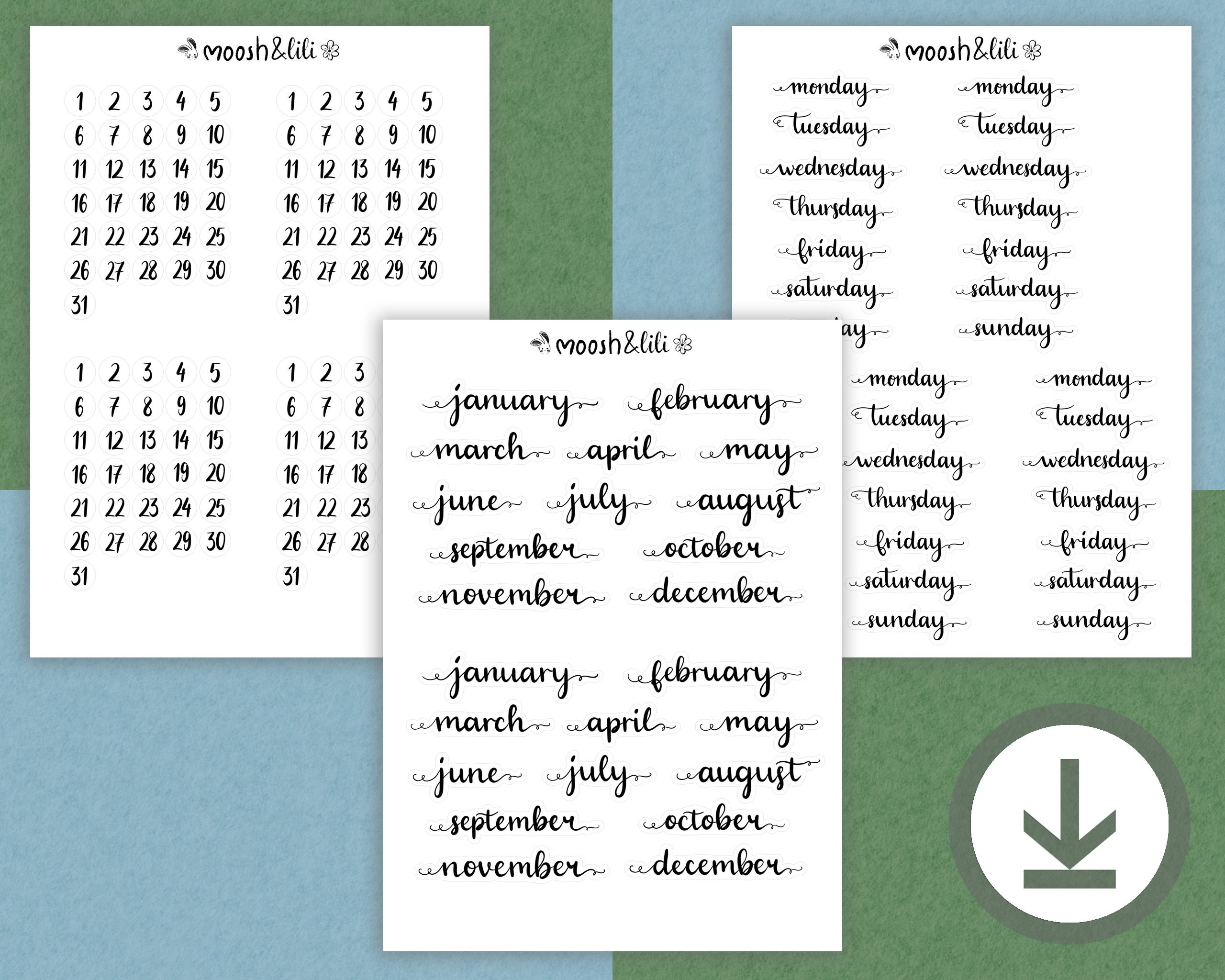 Planner Simple Cursive Months / Weeks / Dates Stickers - Etsy