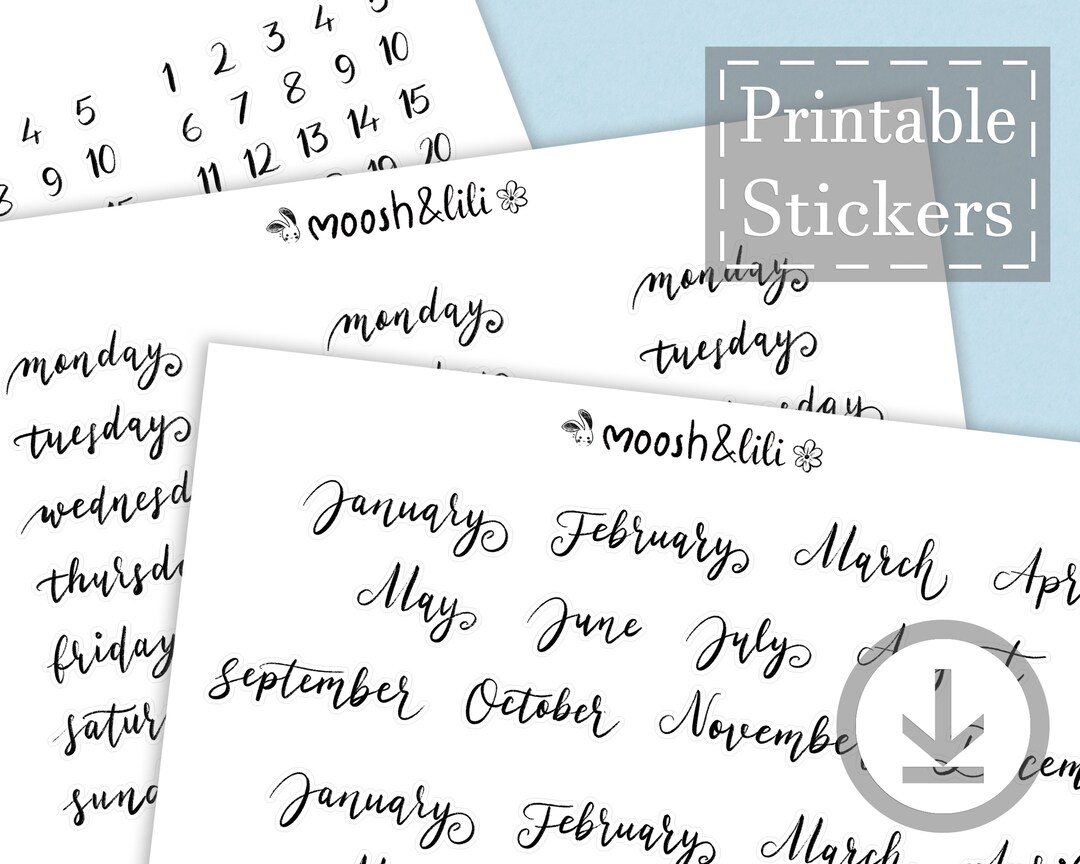 Planner Bouncy Cursive Months / Weeks / Dates Stickers Digital ...