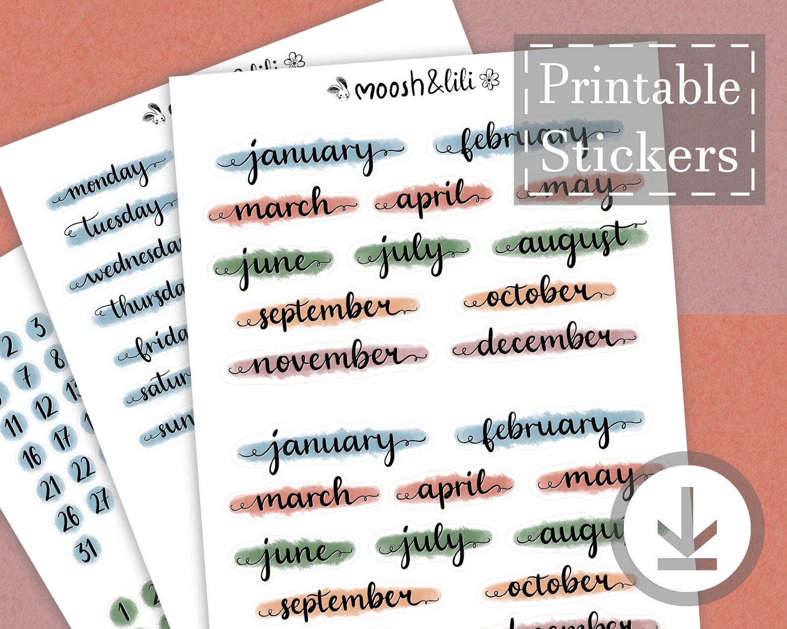 Planner Colorful Cursive Months / Weeks / Dates Stickers | Etsy