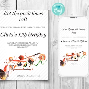 Editable Sushi Birthday Party Invitation, Electronic Japanese Style ...