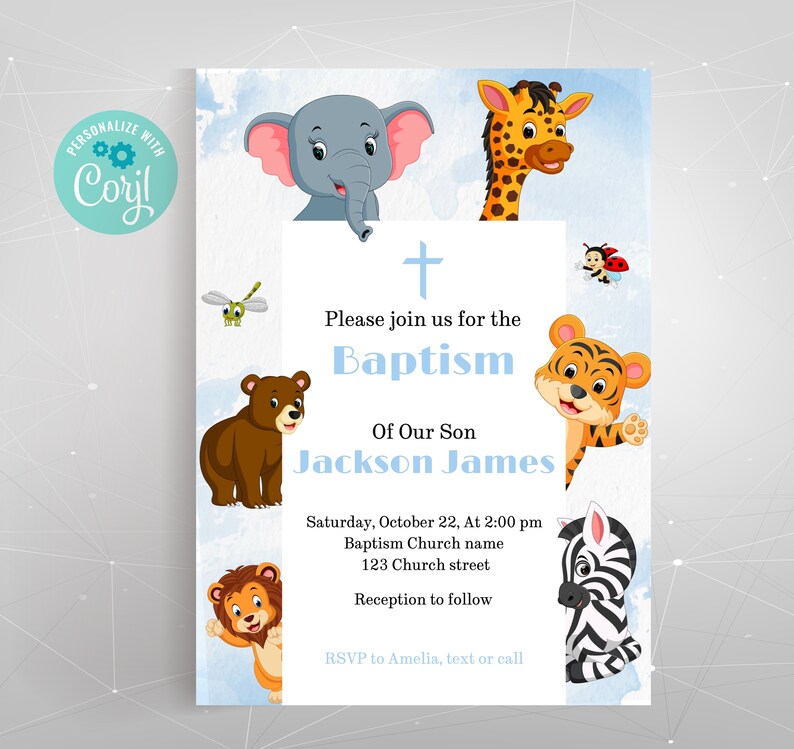 Editable Cartoon Animals Baptism Invitation, Electronic Zoo Animals ...