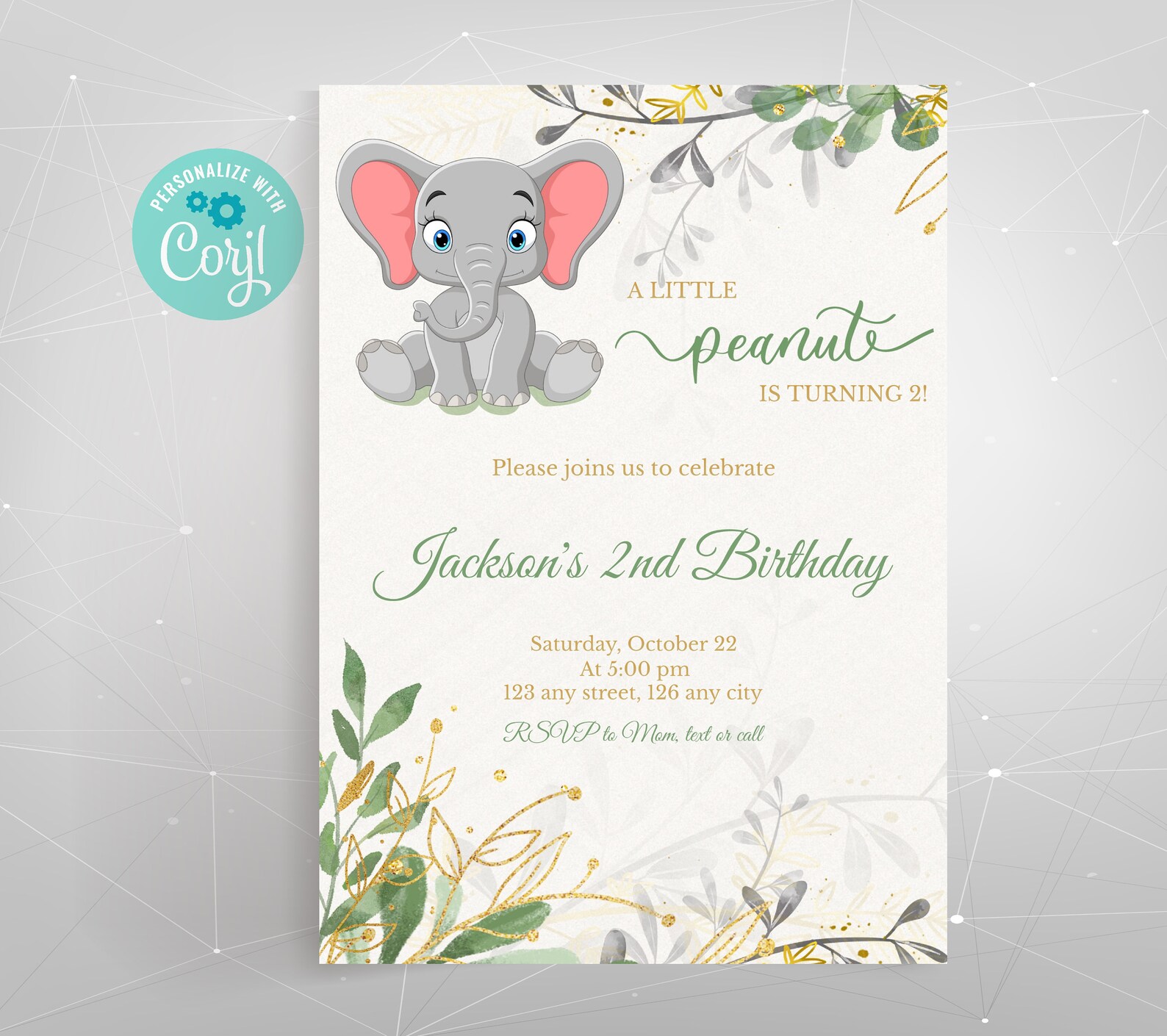 Editable Elephant Birthday Invitation, Green Floral Elephant Birthday ...