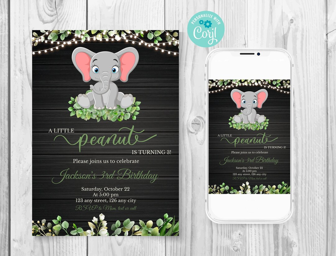 Editable Elephant Birthday Invitation, Green Floral Elephant Birthday ...