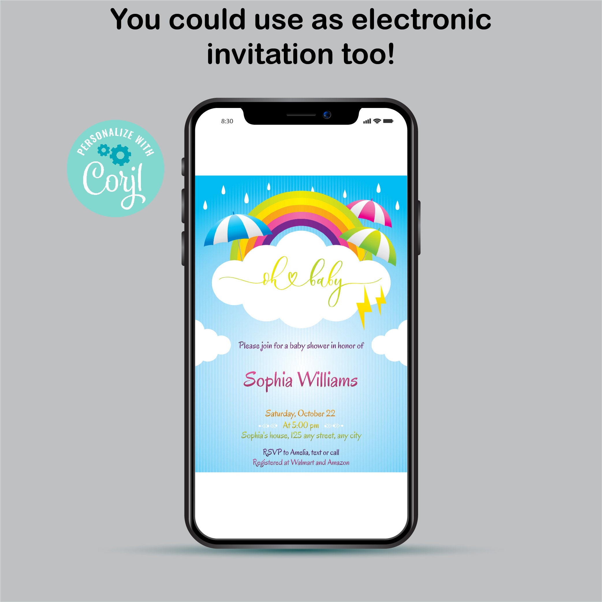 Editable Rainbow Rain Baby Shower Invitation, Umbrella Baby Shower ...
