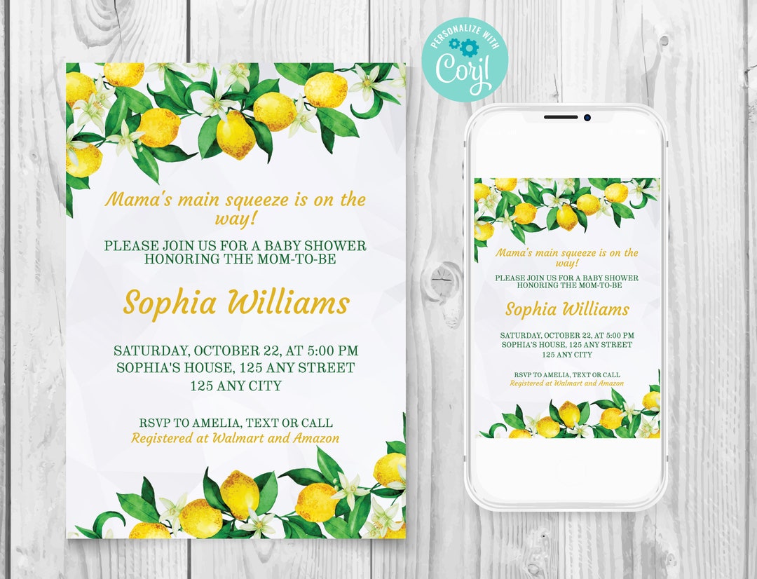 Lemon Squeeze Baby Shower Invitation, Electronic Yellow Lemons Theme ...