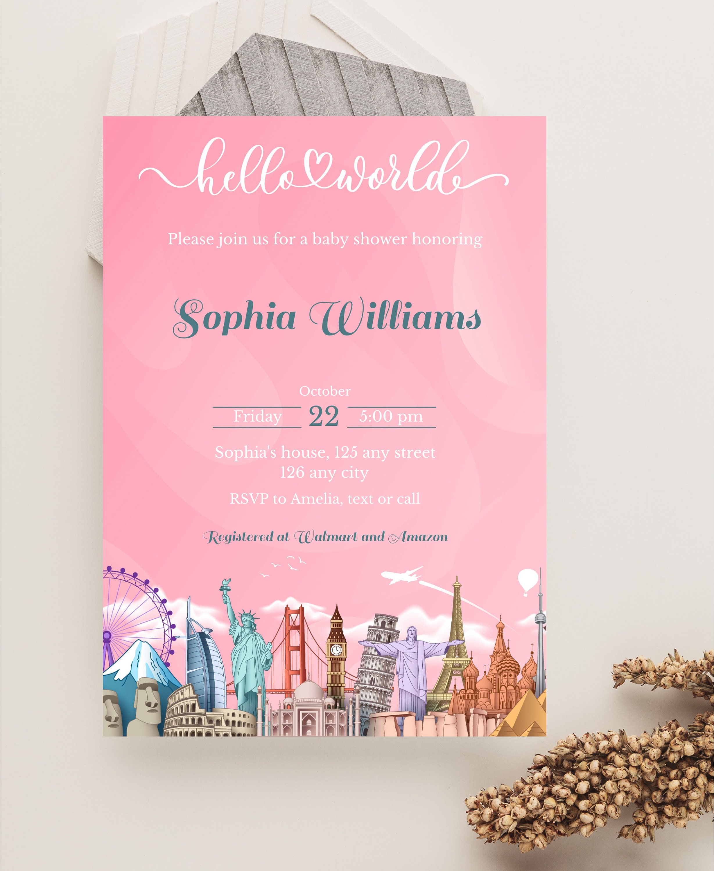 Editable Hello World Baby Shower Invitation, Travel Themed Baby Shower ...