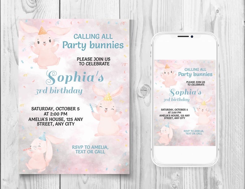 Pink Bunny Birthday Party Invitation, Calling All Party Bunnies ...