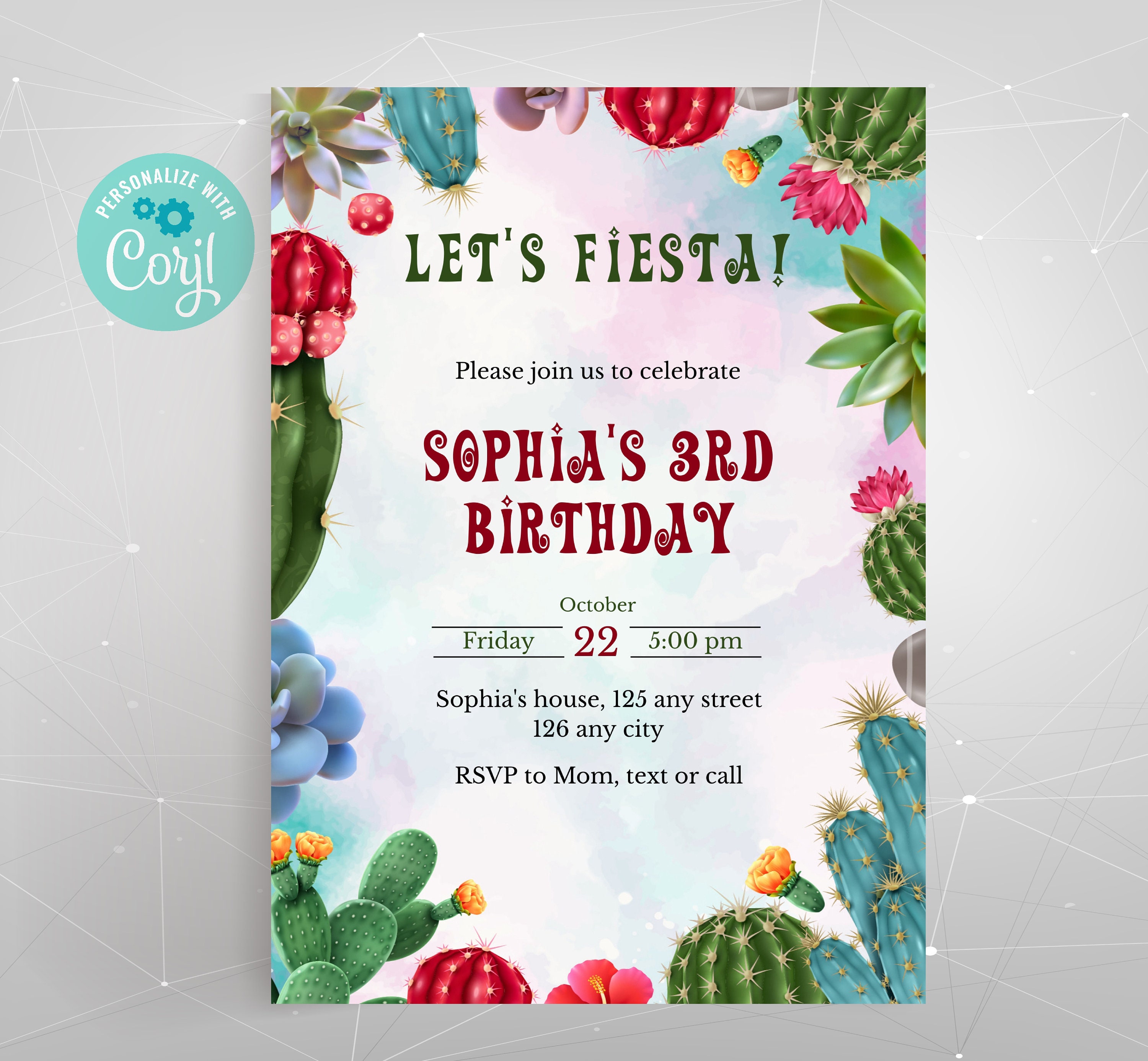 Editable Cactus Birthday Invitation, Succulent Floral Birthday Template ...