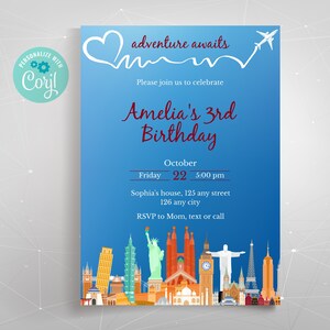 Travel Birthday Invitation, Adventure Awaits Birthday Invitation, World ...