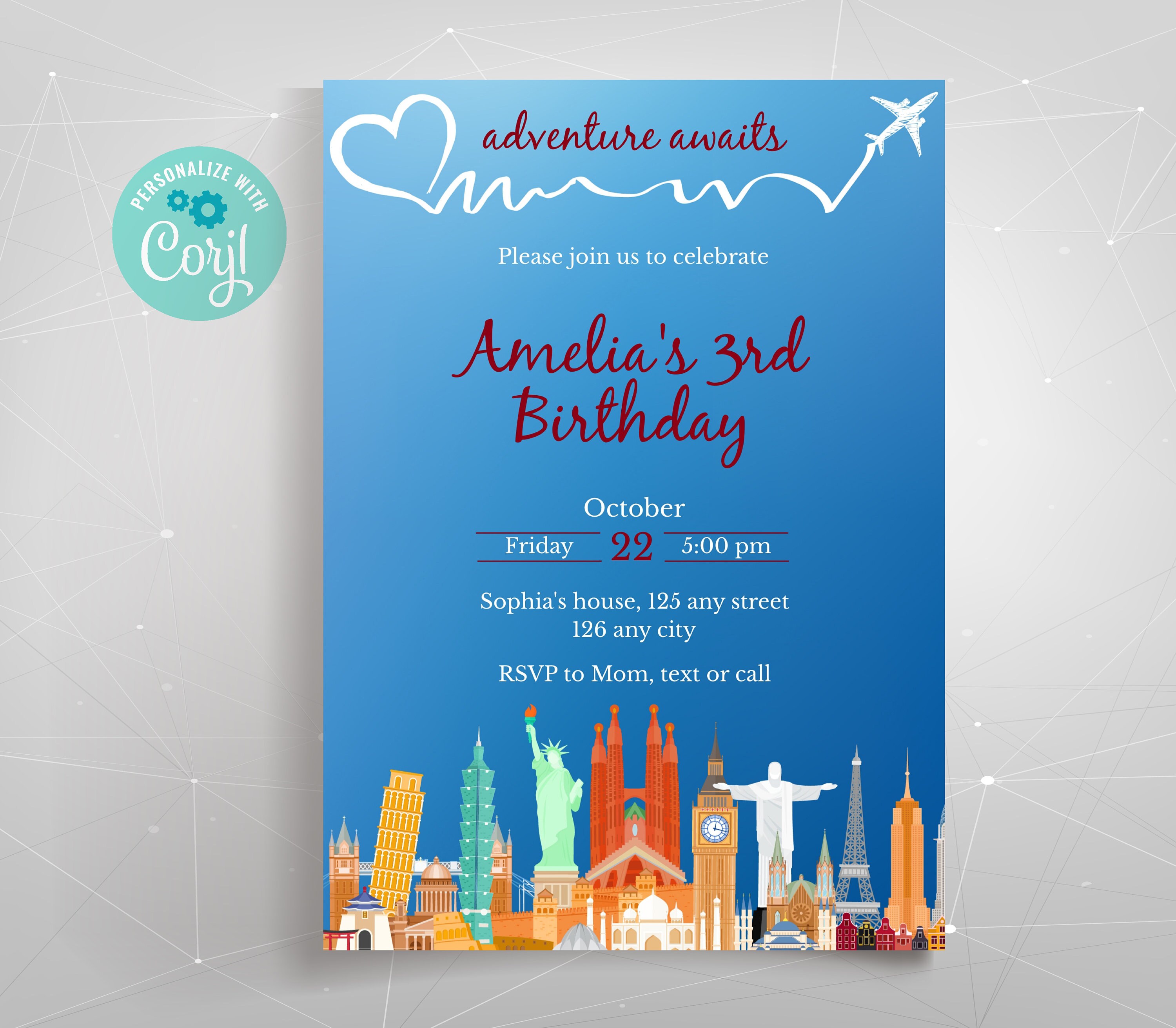 Travel Birthday Invitation, Adventure Awaits Birthday Invitation, World ...