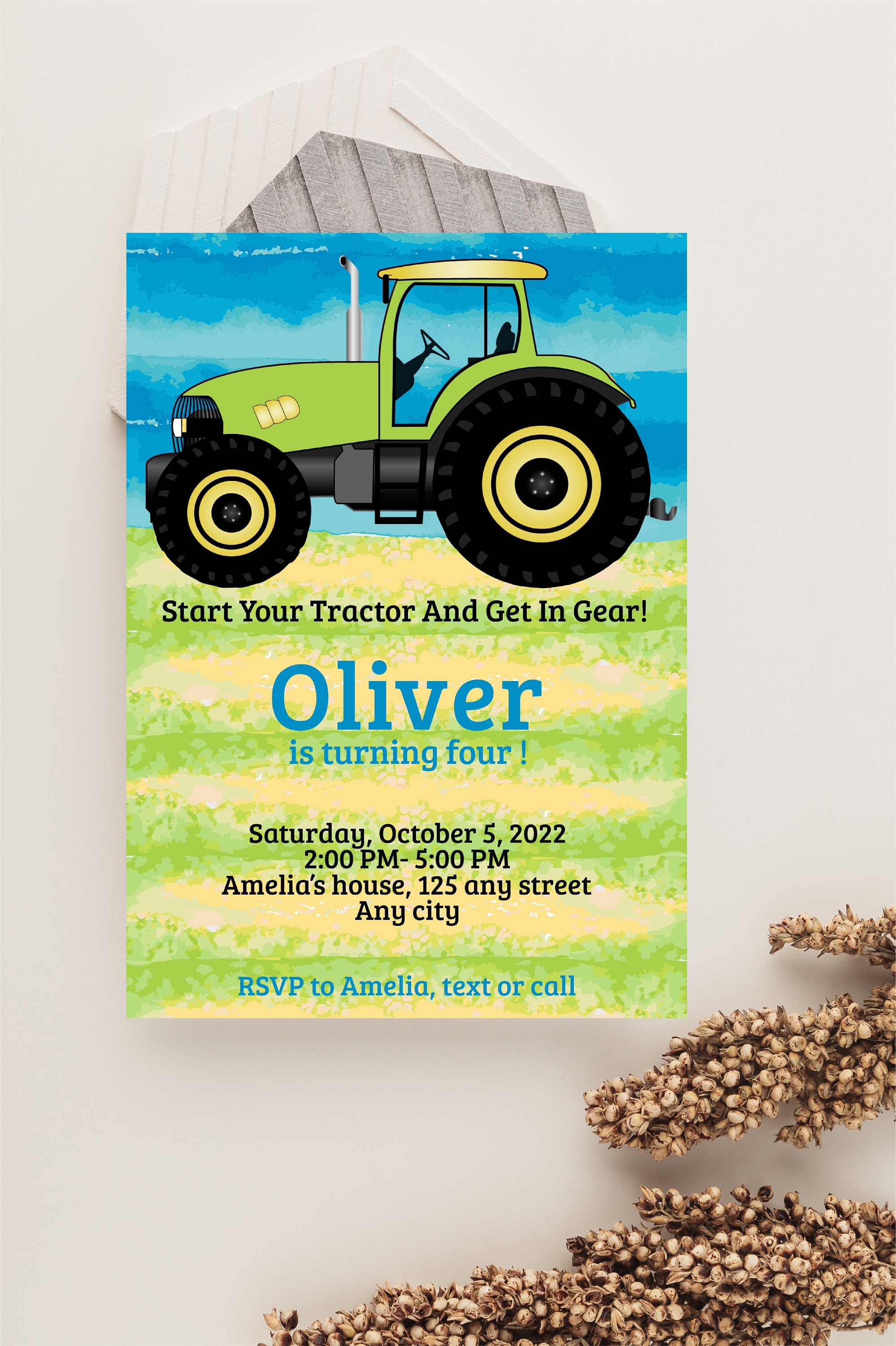 Watercolor Tractor Birthday Invitation, Green Tractor Invite, Farmer ...