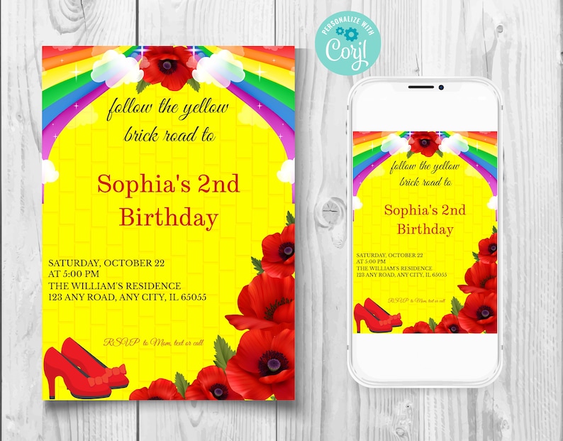 Editable Wizard of Oz Birthday Invite, Follow the Yellow Brick Road ...