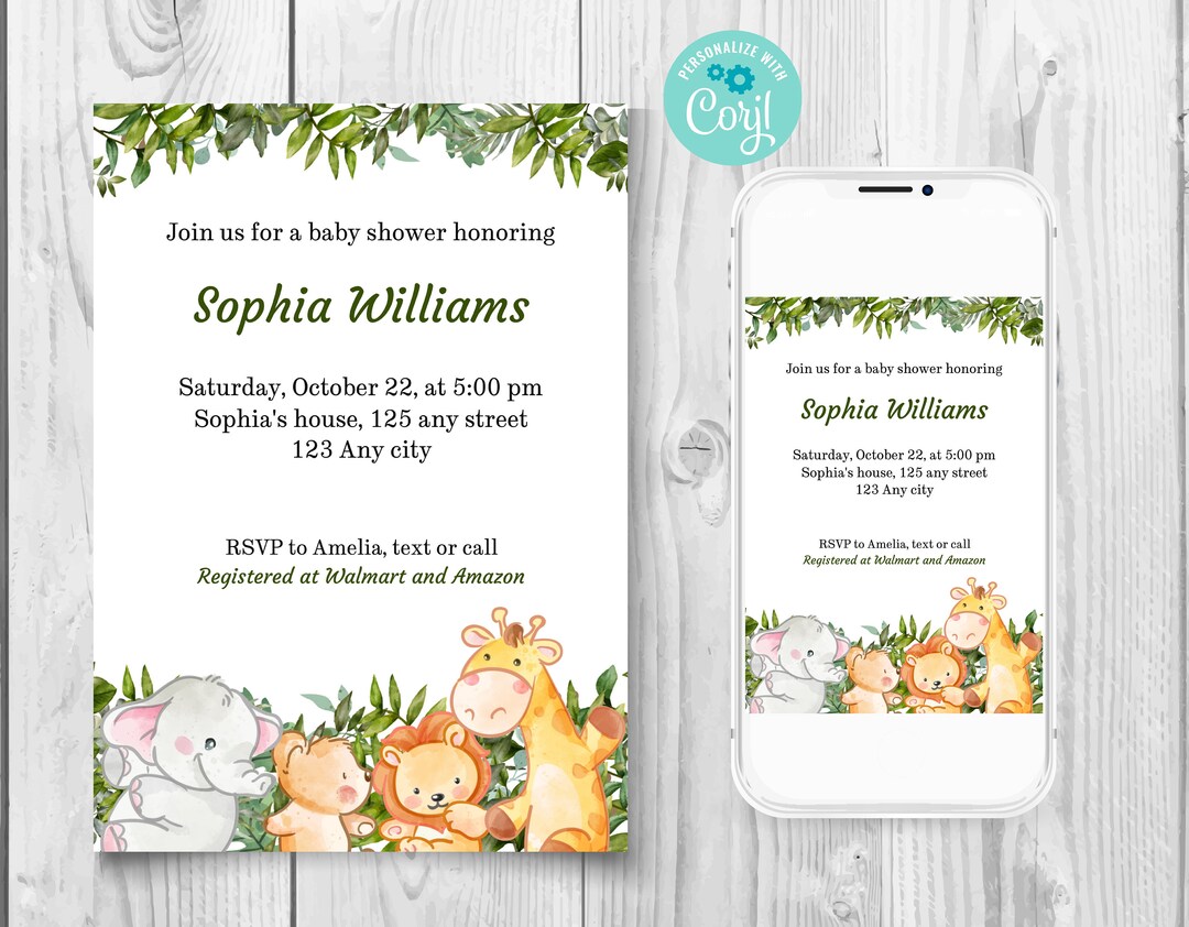 Editable Watercolor Animals Baby Shower Party Invitation, Electronic ...
