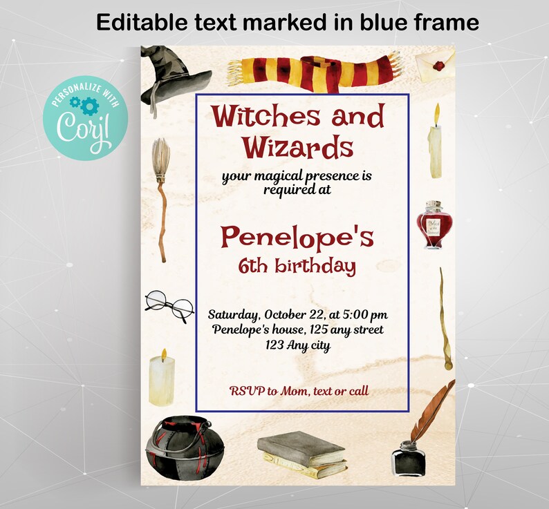 Editable Wizard and Witch Birthday Party Invitation, Electronic Magical ...