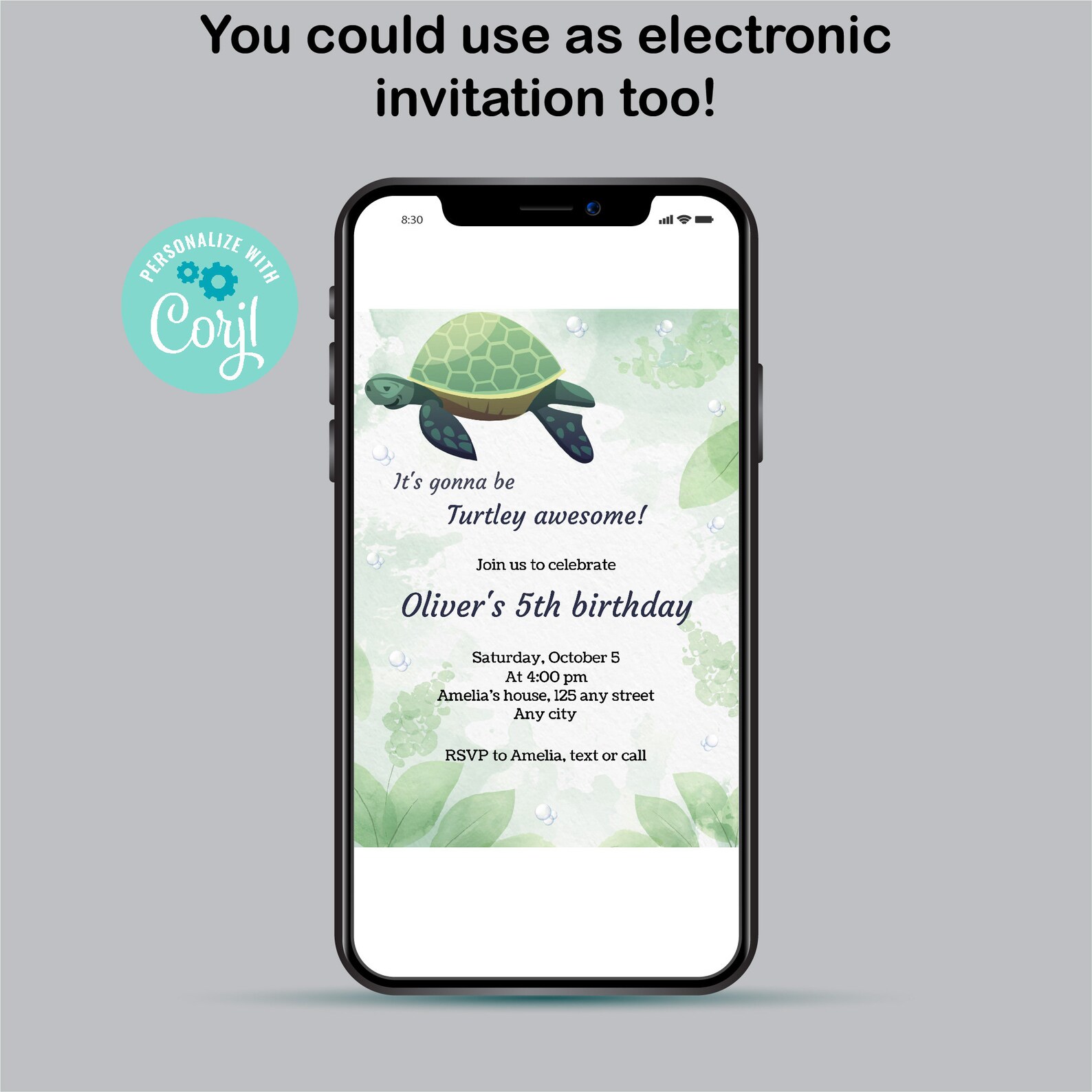 Turtley Awesome Birthday Party Invitation, Green Turtle Birthday ...
