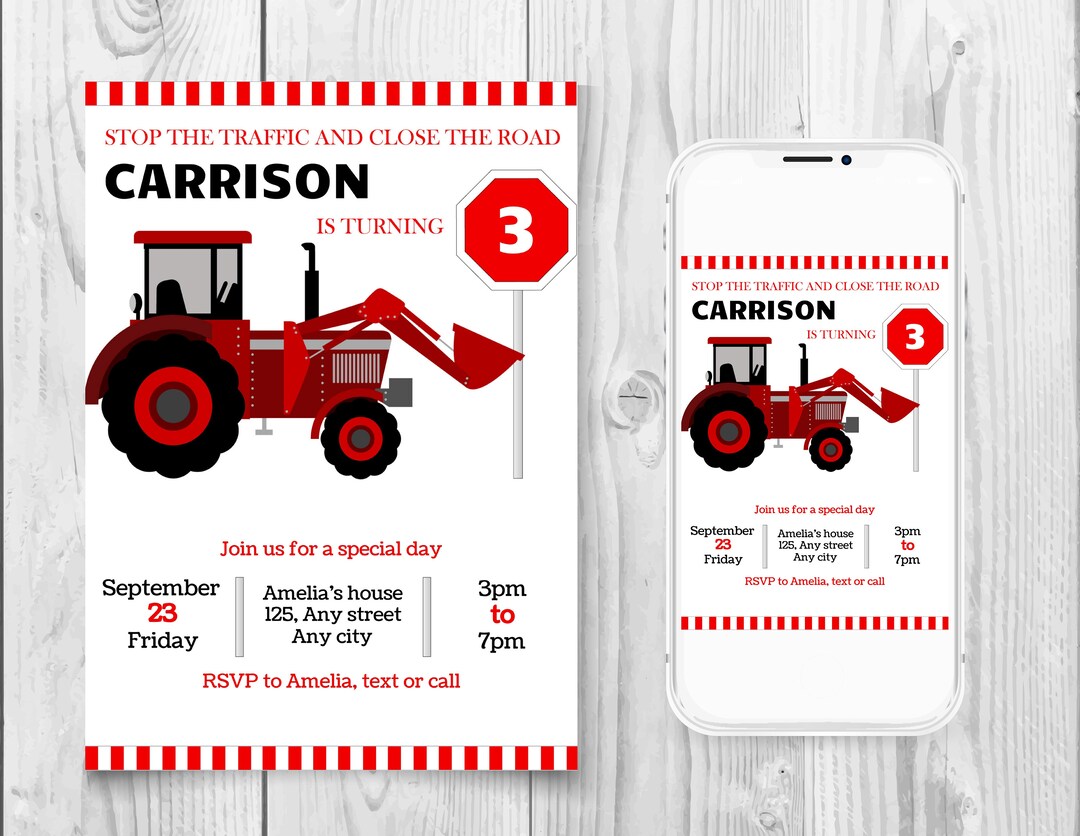 Red Tractor Birthday Invitation, Farm Invitation, Farming Equipment ...