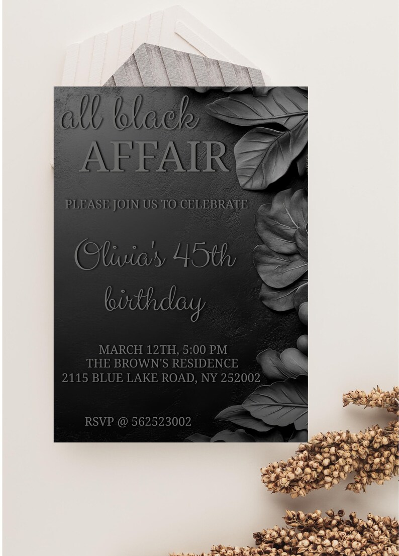 Editable All Black Birthday Invitation, Black Affair Theme Party Invite ...