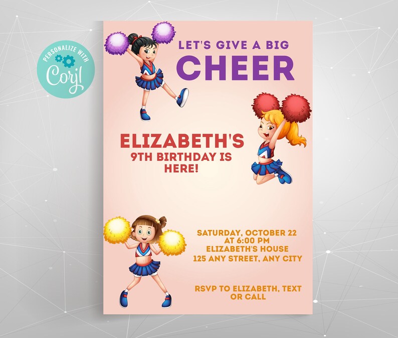 Cheerleaders Birthday Party Invitation, Cheer Party Invite Template ...