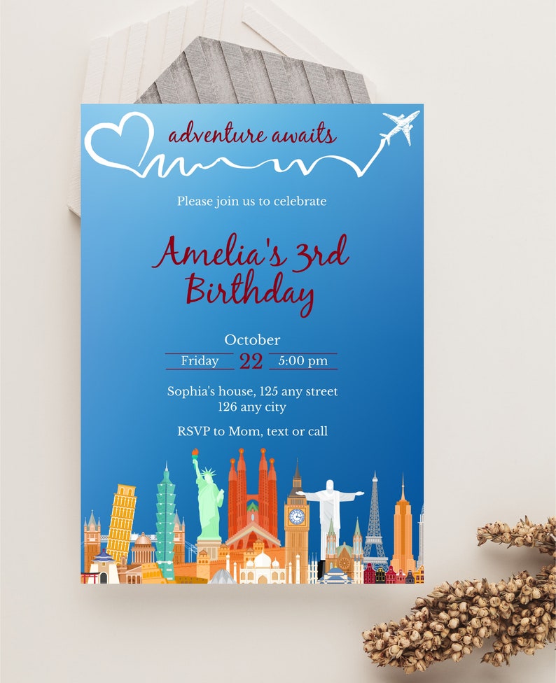 Travel Birthday Invitation, Adventure Awaits Birthday Invitation, World ...