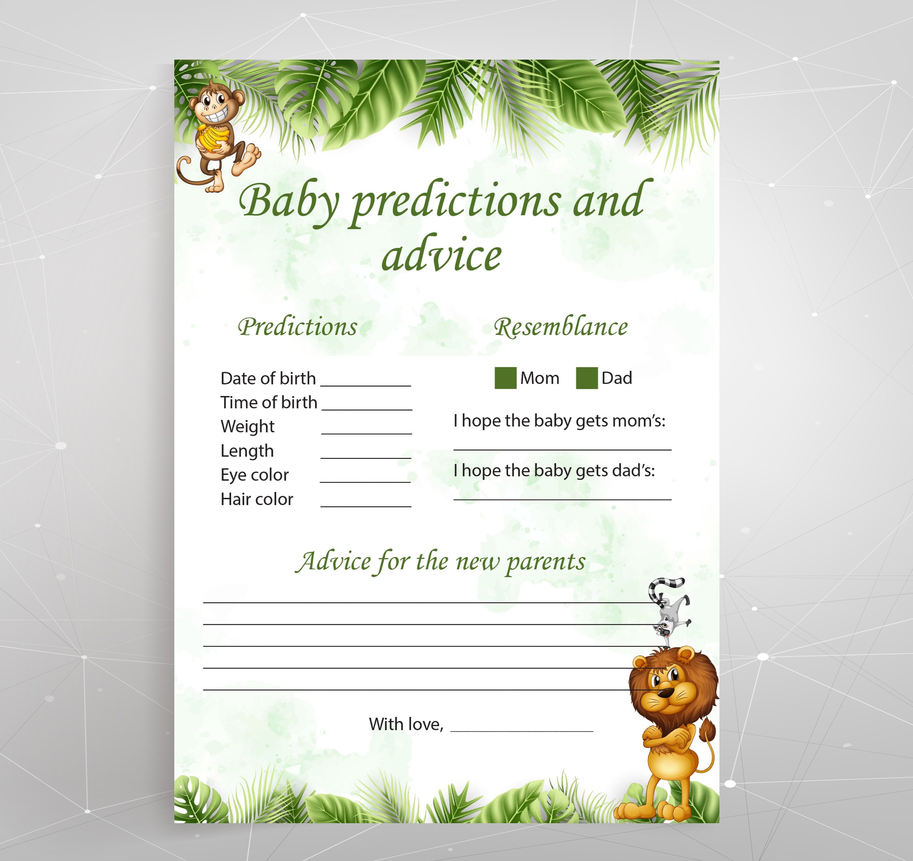 Safari Animals Baby Predictions and Advice Baby Shower Game, Tropical ...