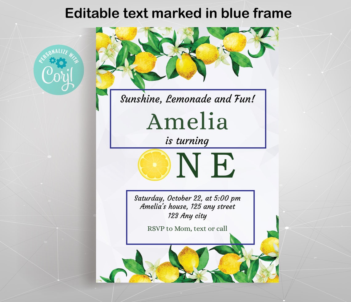 Editable Lemon Birthday Invitation, Lemon 1st Birthday Invitation ...