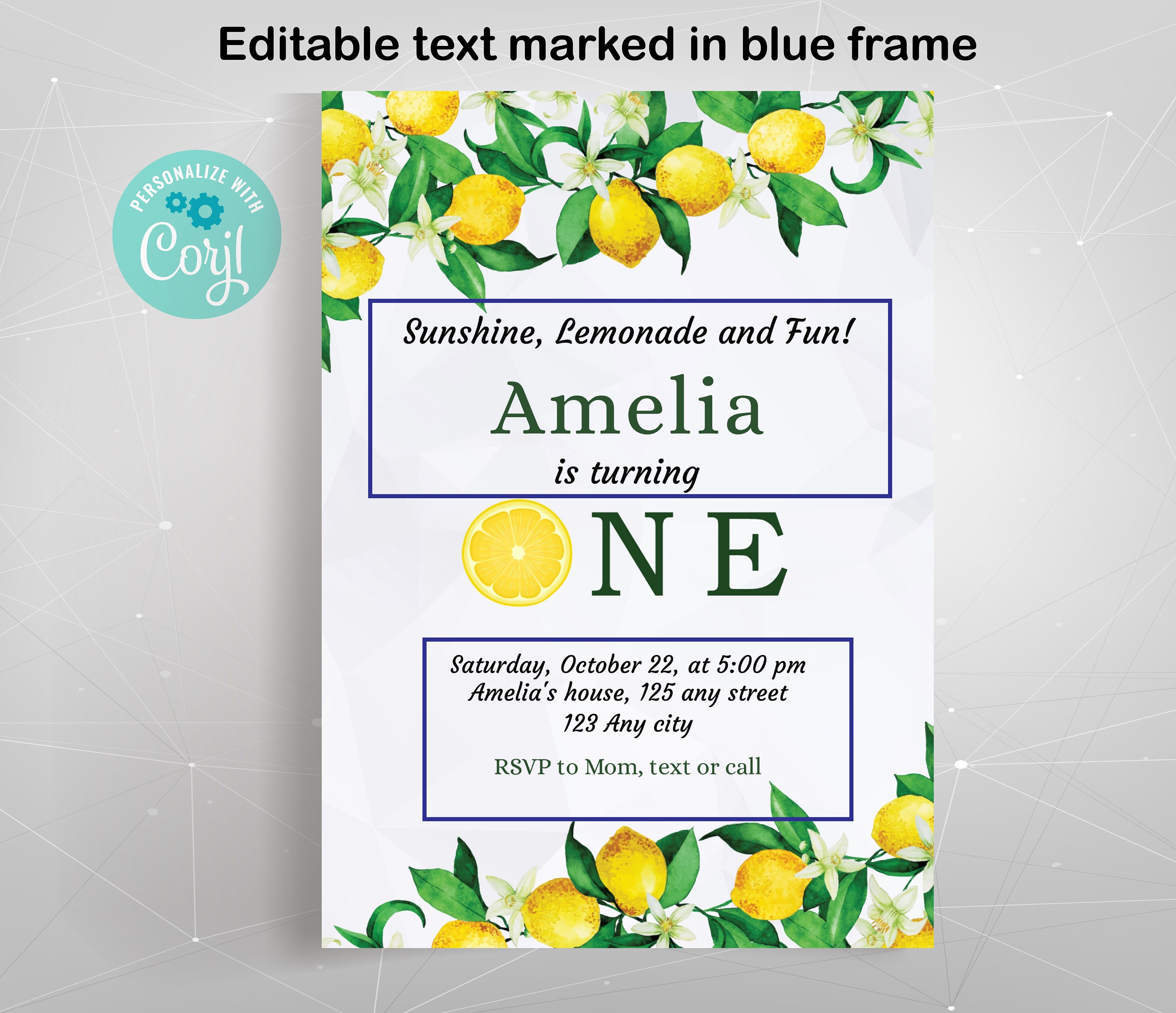 Editable Lemon Birthday Invitation, Lemon 1st Birthday Invitation ...