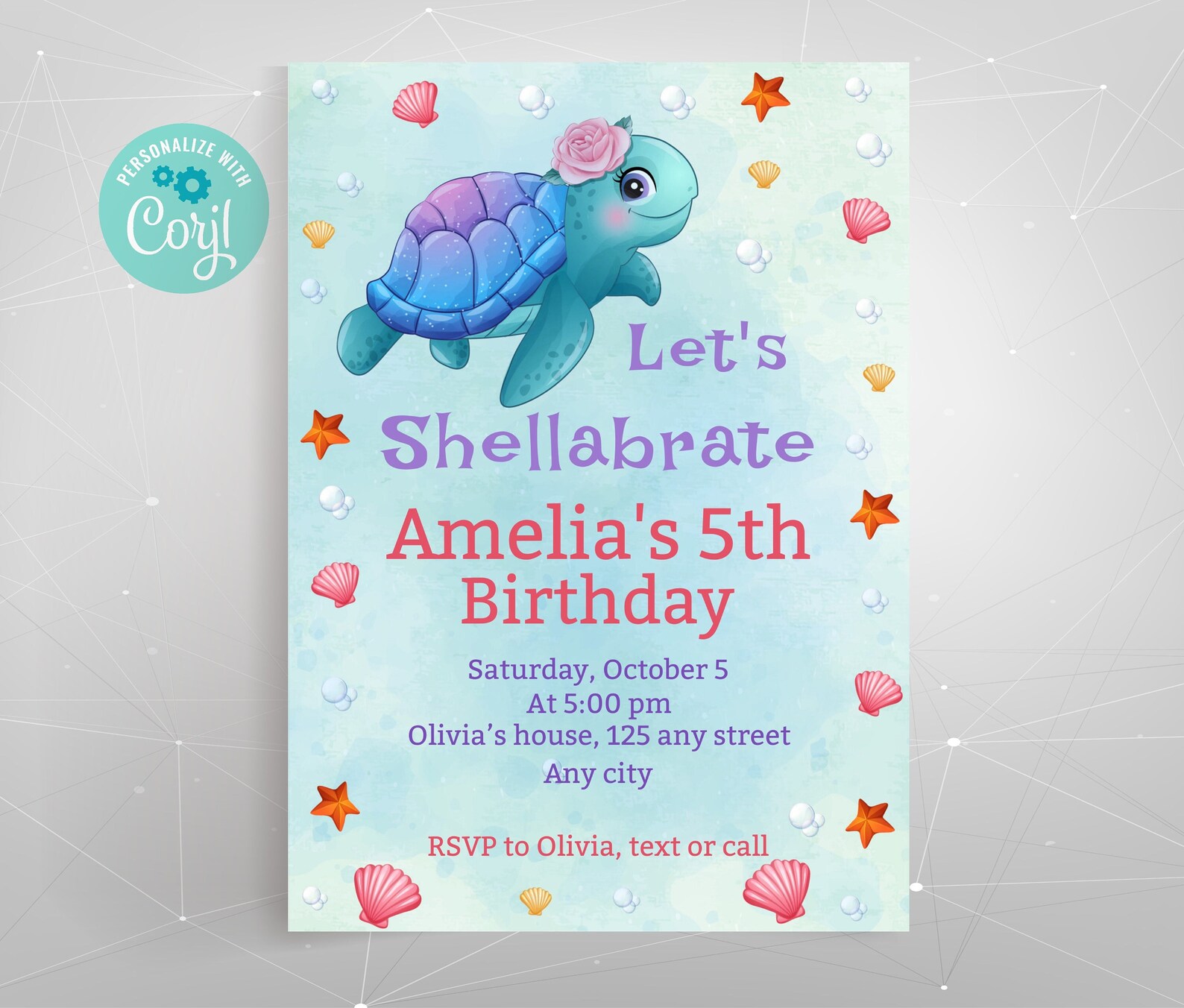 Pink Turtle Birthday Party Invitation, Let's Shellabrate Birthday ...