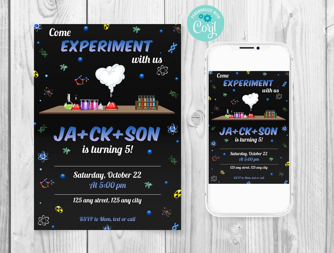 Editable Science Experiment Birthday Party Invitation, Electronic Black ...