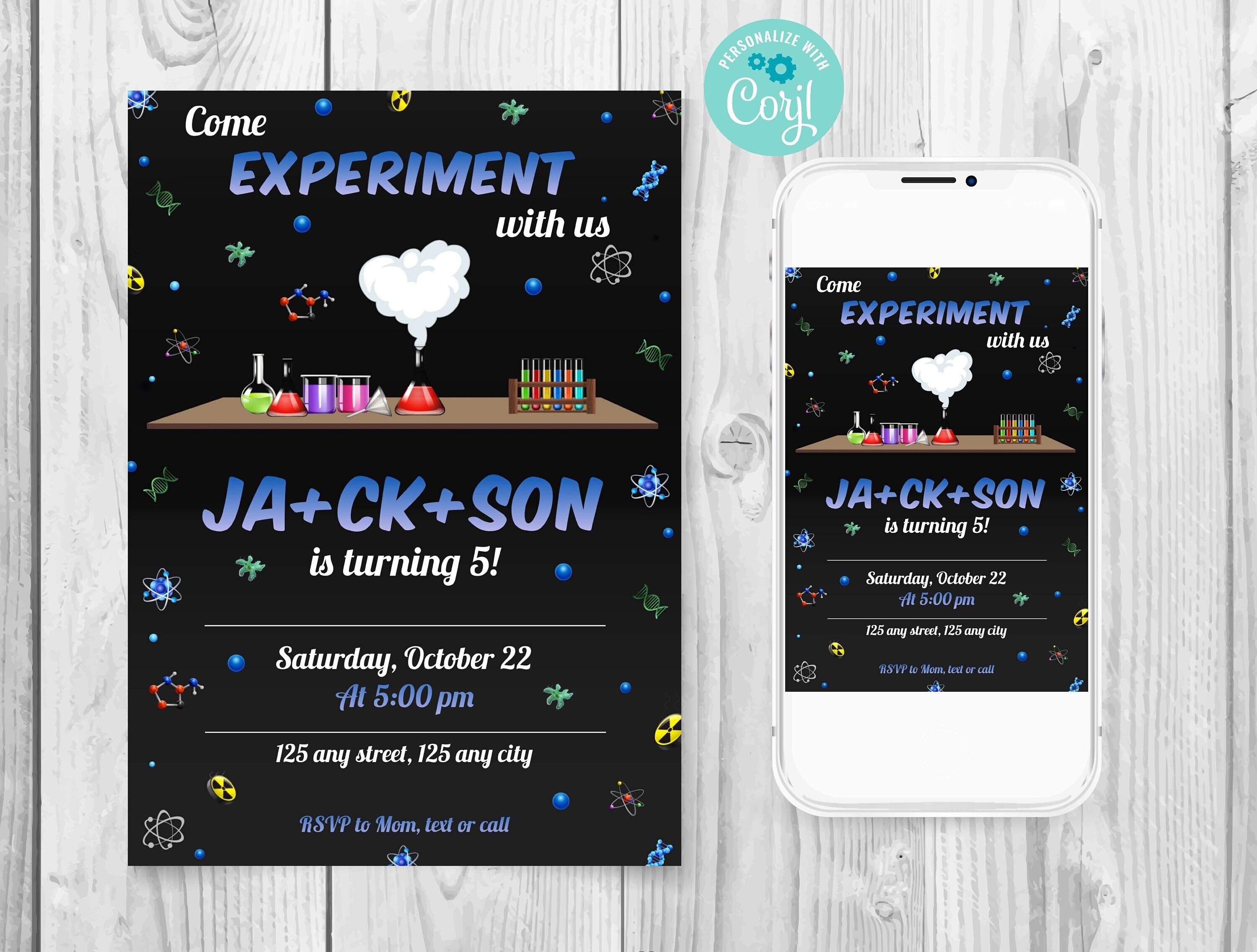 Editable Science Experiment Birthday Party Invitation, Electronic Black ...