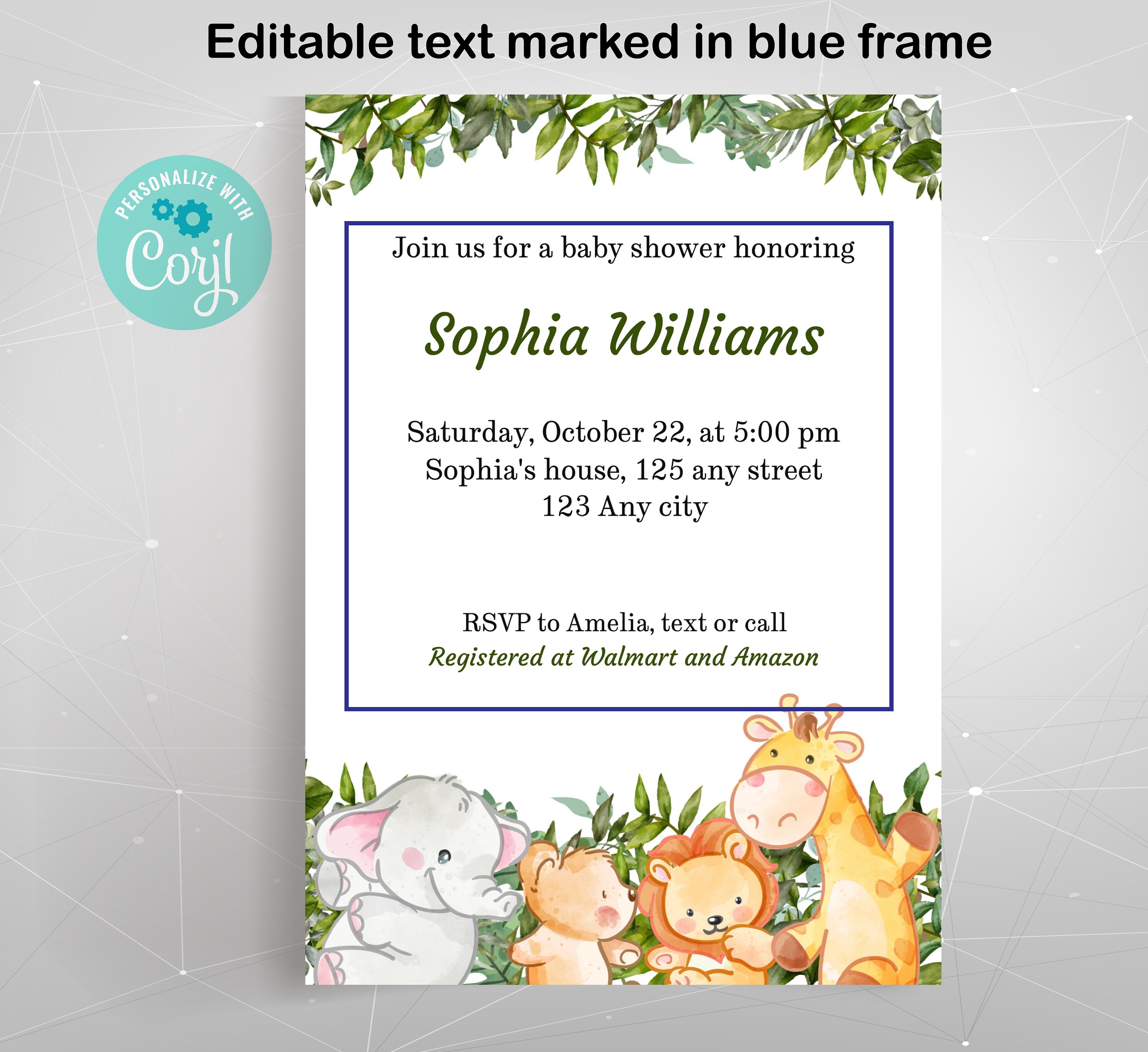 Editable Watercolor Animals Baby Shower Party Invitation, Electronic ...