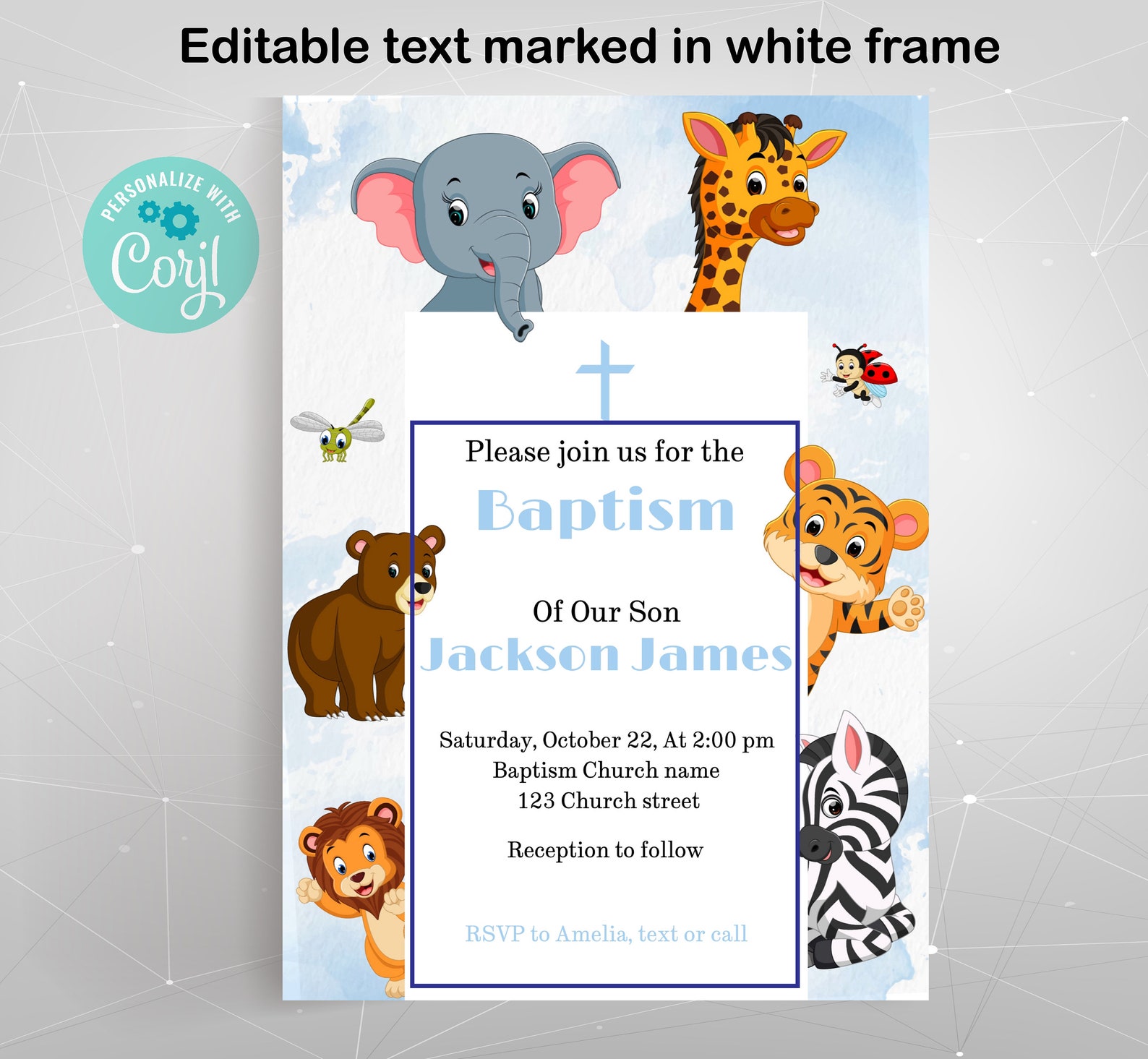 Editable Cartoon Animals Baptism Invitation, Electronic Zoo Animals ...