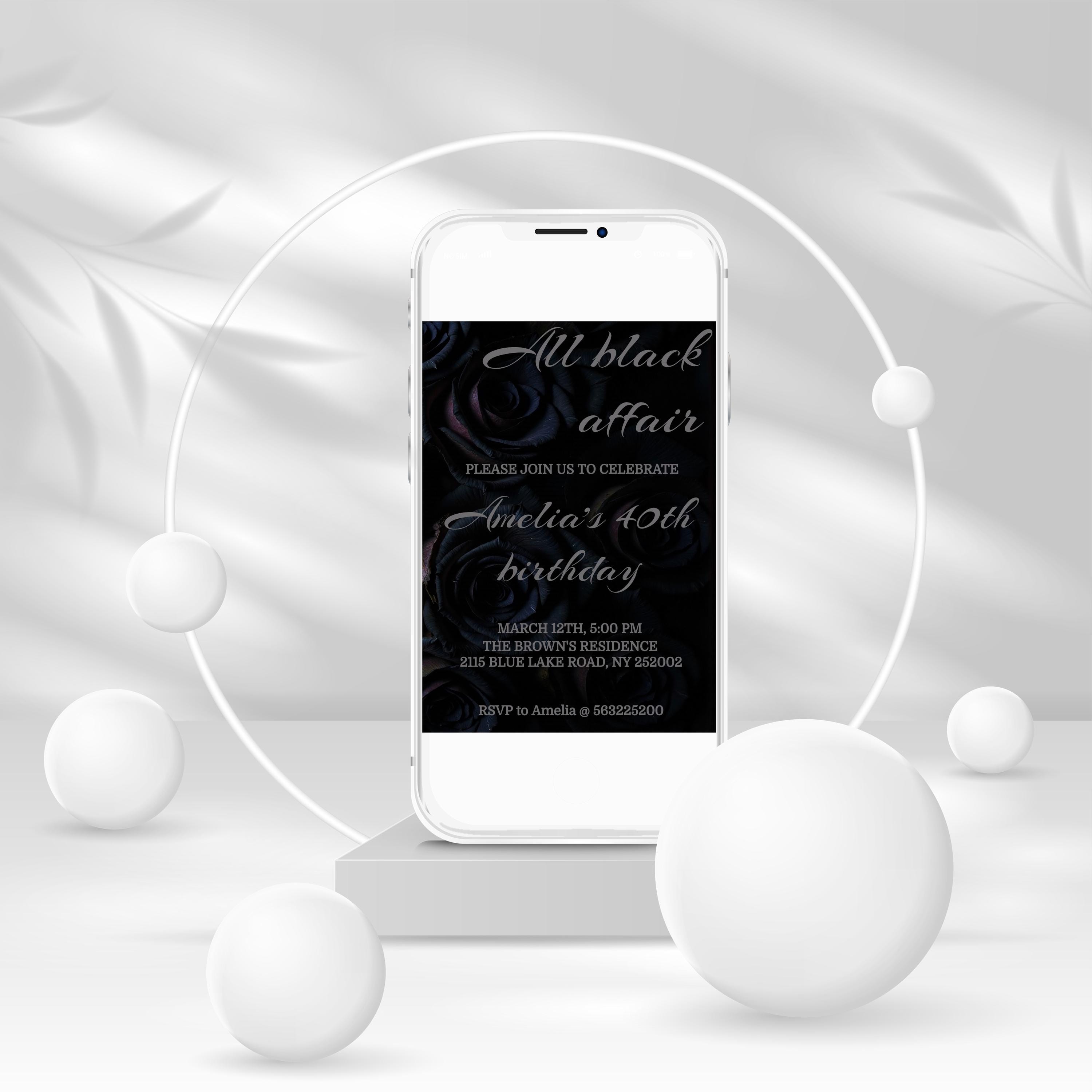 Editable All Black Affair Birthday Invitation, Black Theme Party Invite ...