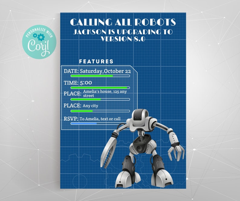 Silver Realistic Robot Birthday Party Invitation, Coding Birthday Party ...