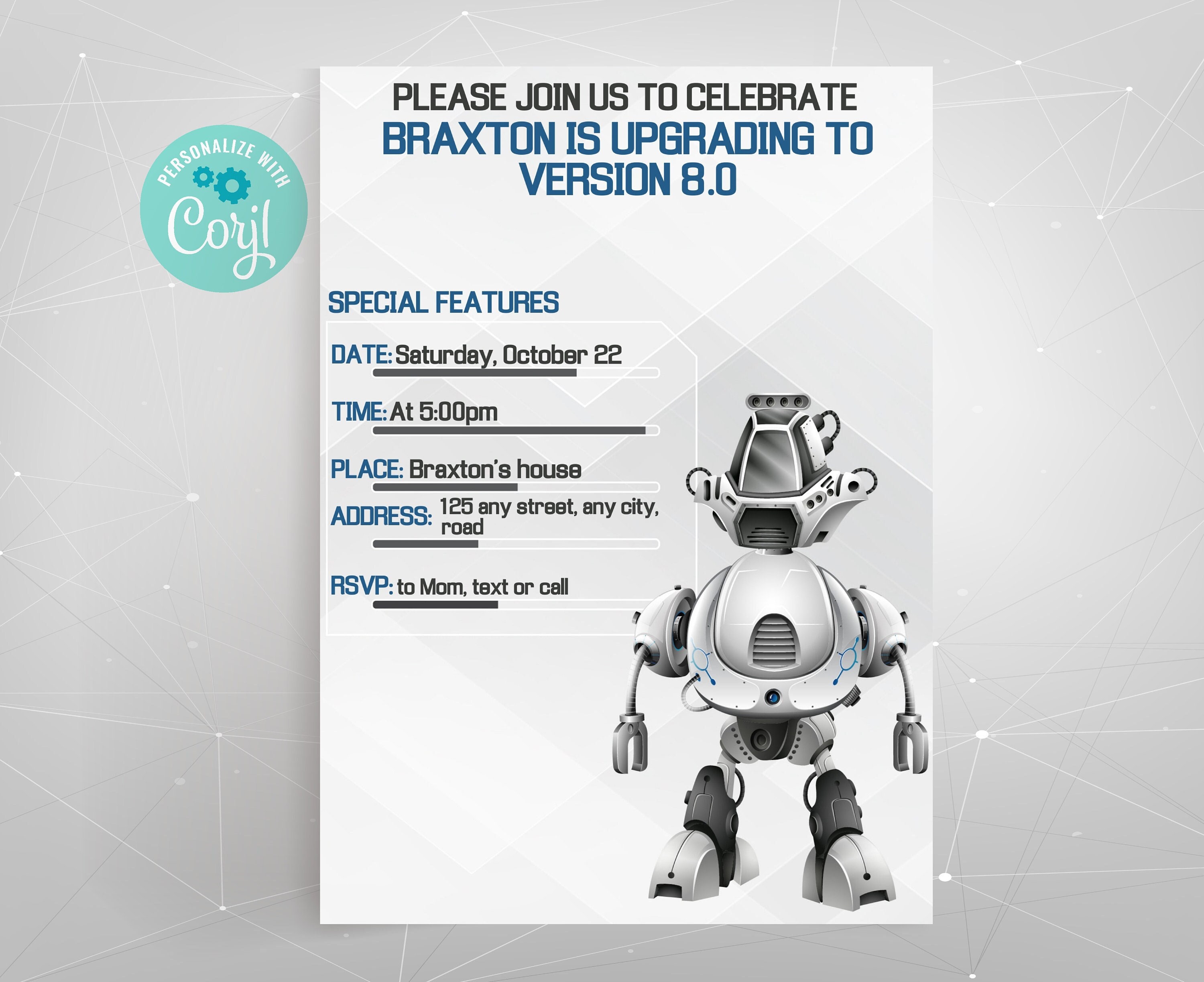 Robot Birthday Party Invitation, Coding Birthday Party Template, Let's ...