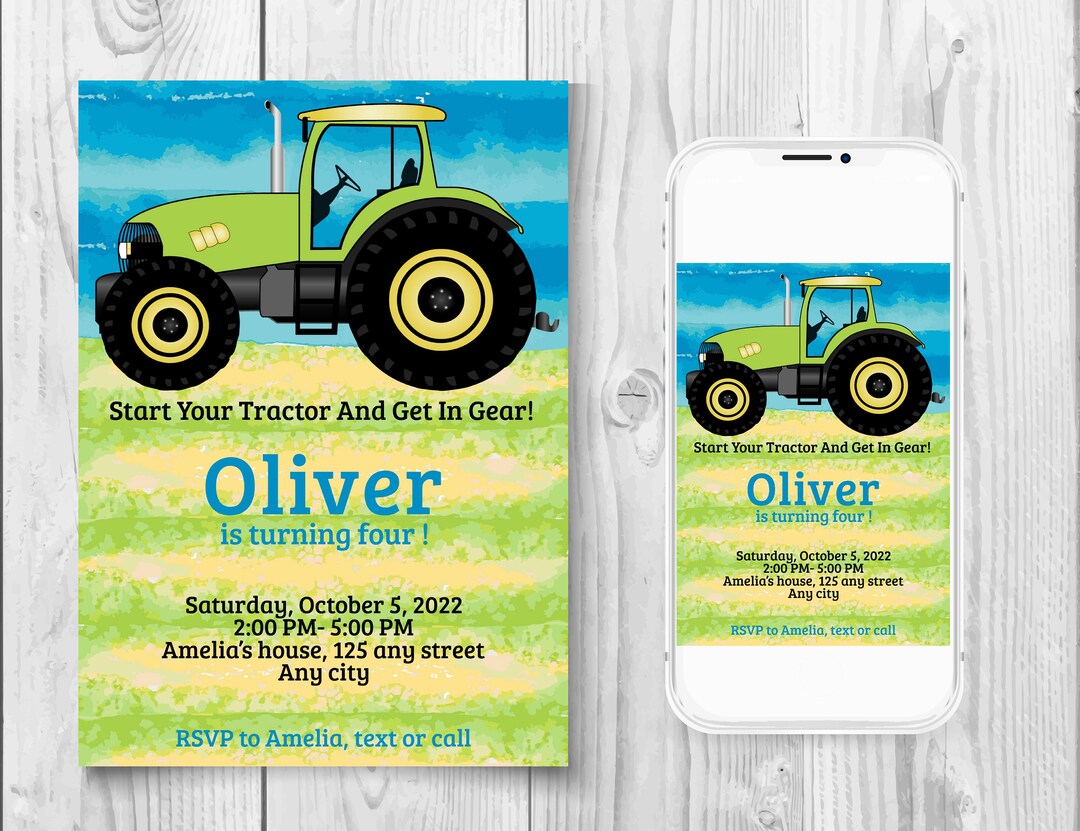 Watercolor Tractor Birthday Invitation, Green Tractor Invite, Farmer ...