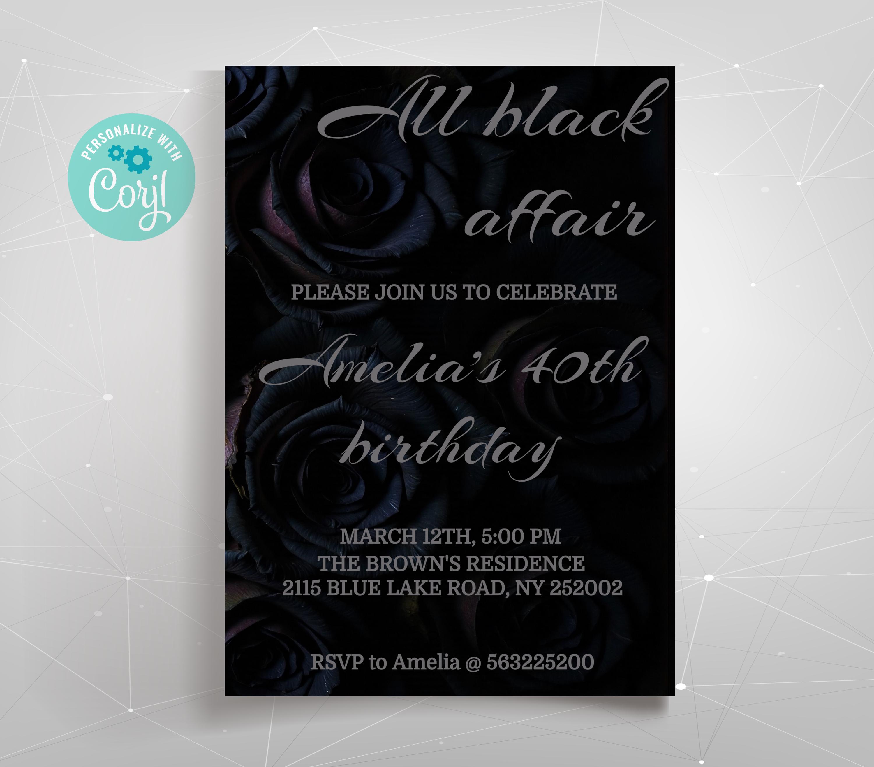 Editable All Black Affair Birthday Invitation, Black Theme Party Invite ...