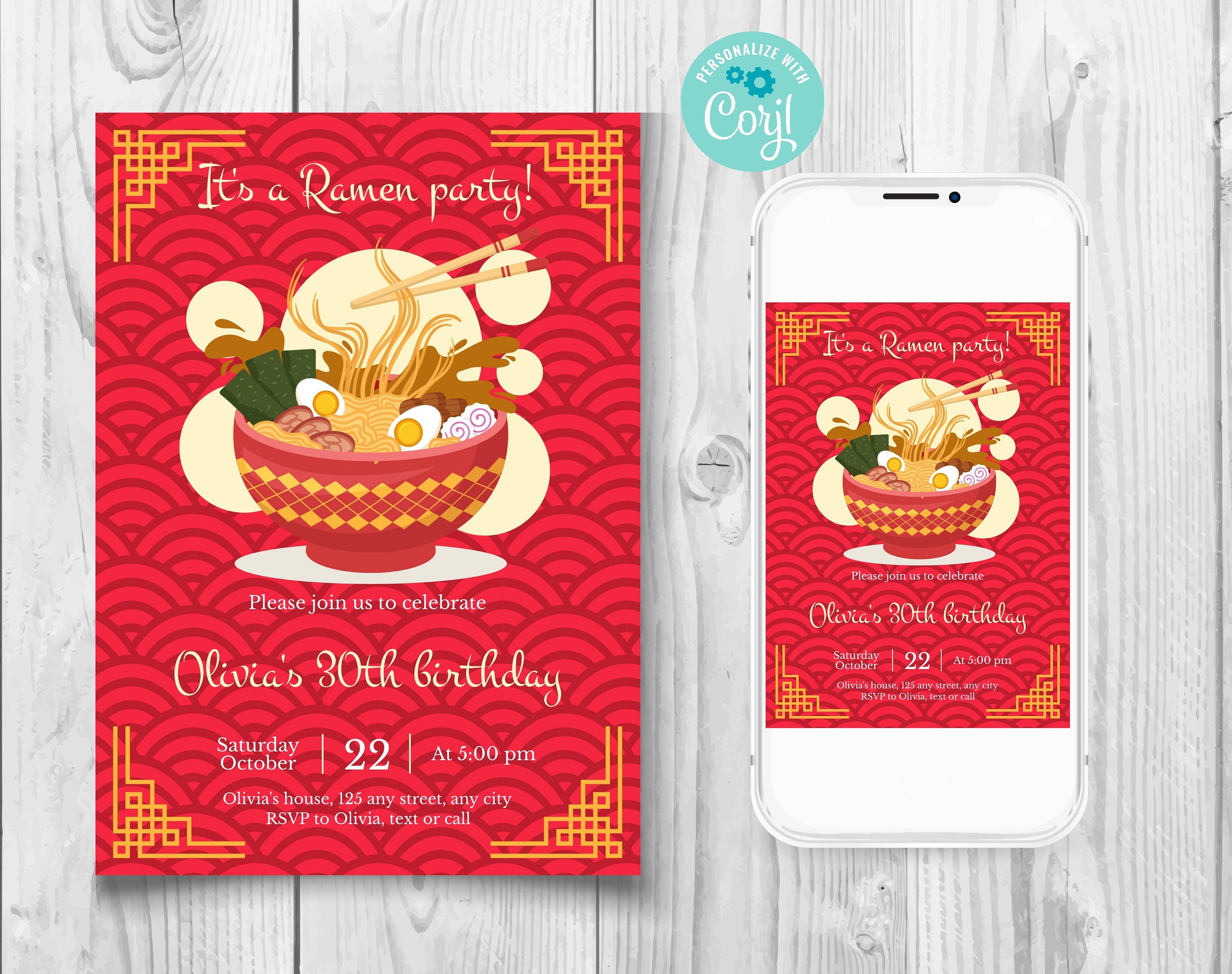 Ramen Birthday Party Invitation, Asian Noodle Invitation, Japanese ...