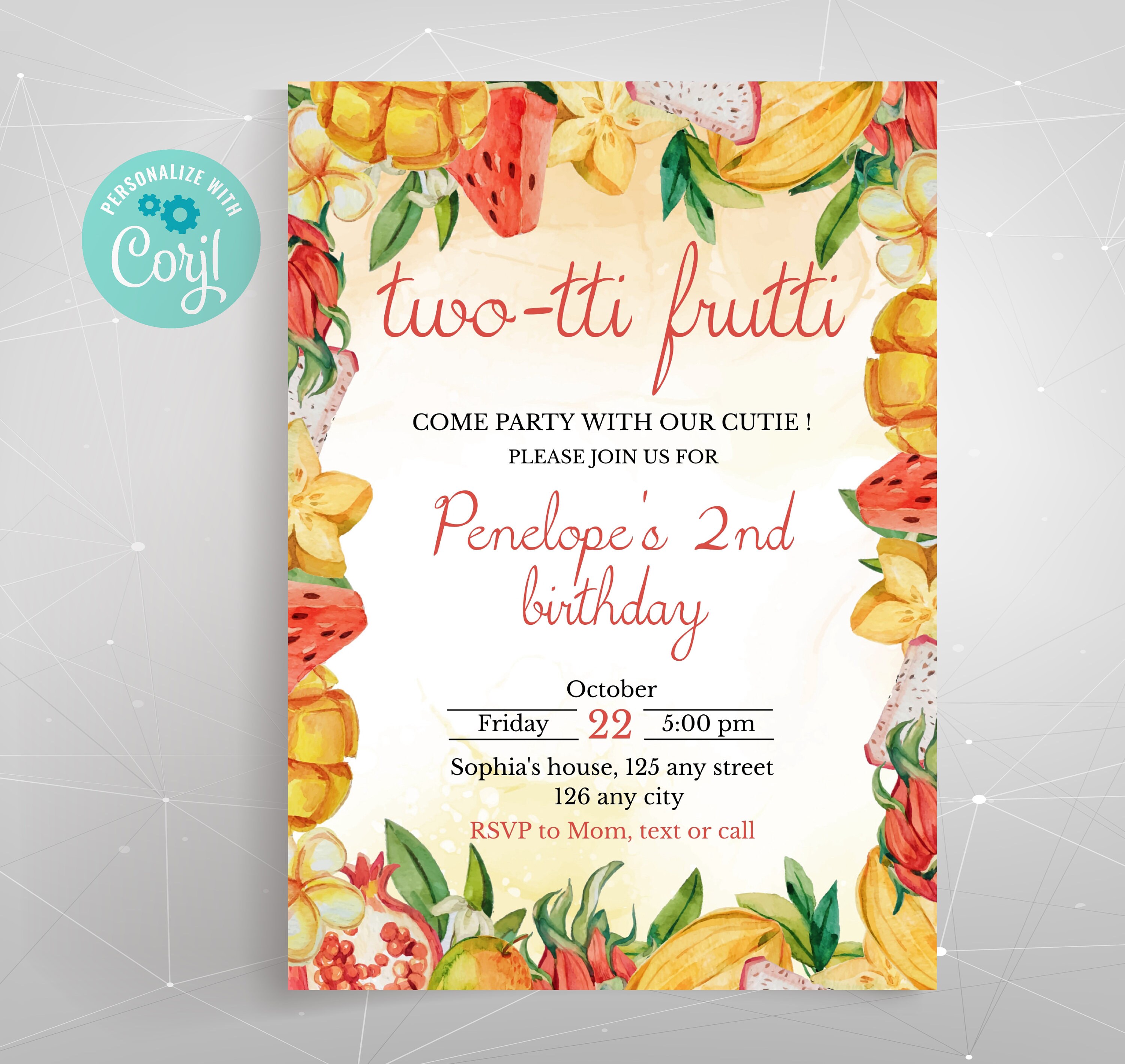 Editable Tutti Frutti Birthday Invitation, Tutti Frutti A Little Cutie ...