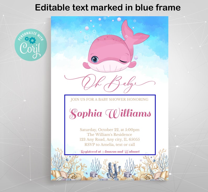 Editable Pink Whale Baby Shower Invitation, Coral Reef Baby Shower ...