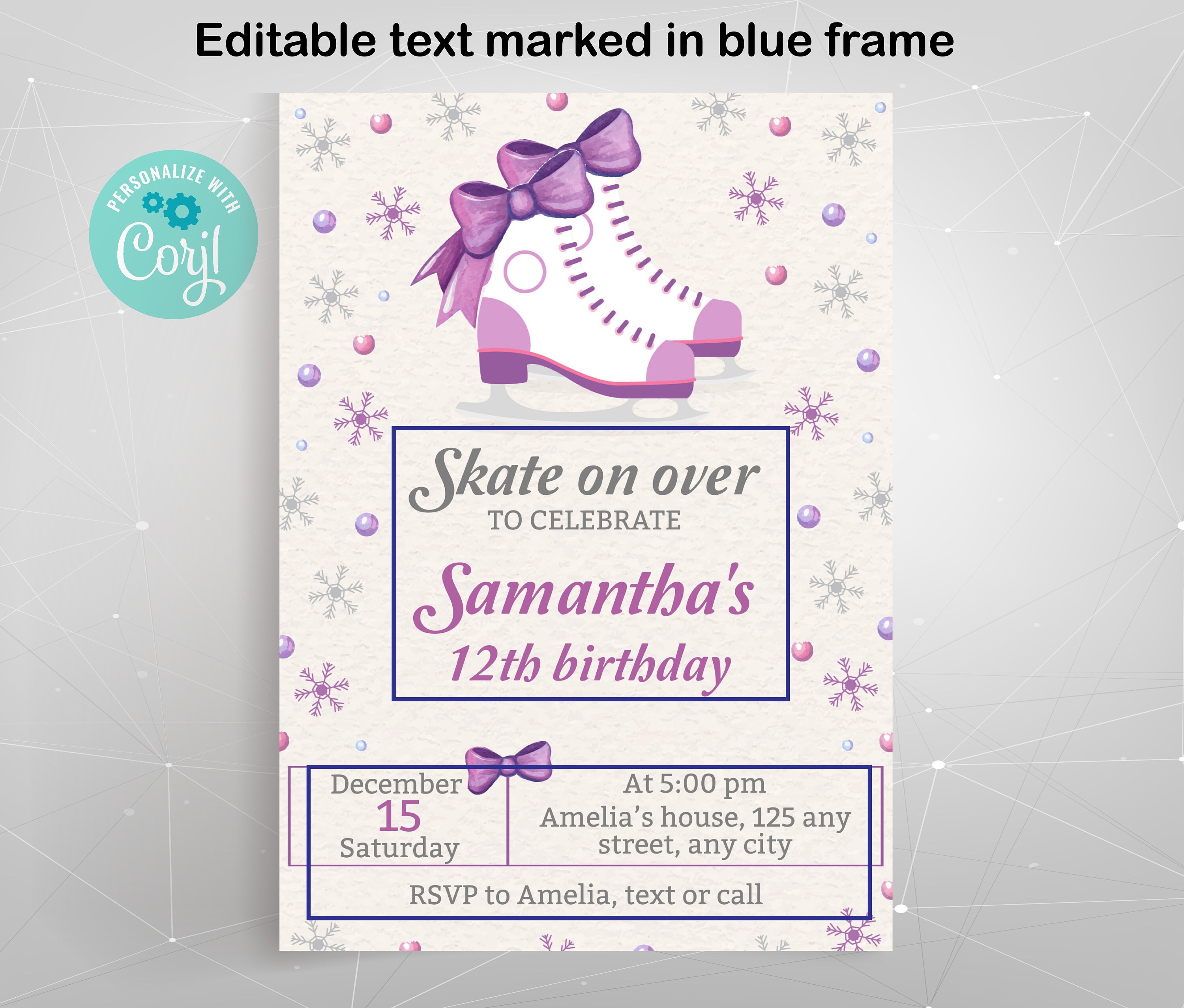 Editable Printable Ice Skate Birthday Party Invitation, Electronic Girl ...